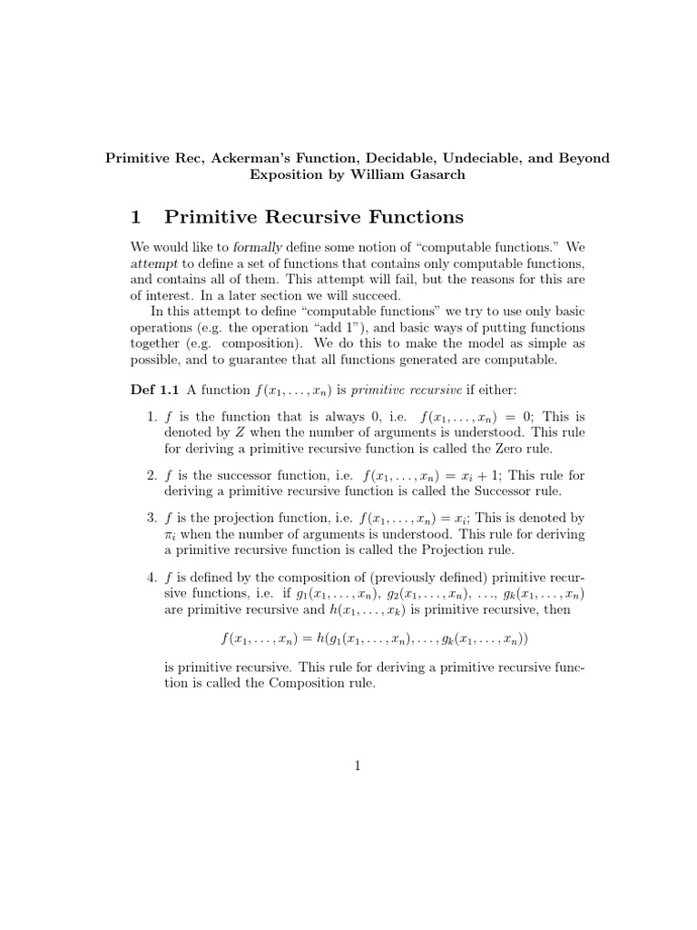 1 Primitive Recursive Functions Pdf Function Mathematics Computability Theory