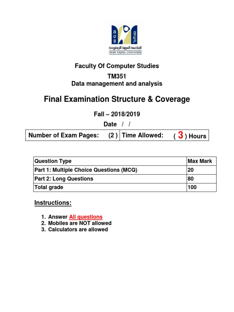 Final Examination Structure & Coverage: Faculty of Computer Studies TM351 Data Management and ...