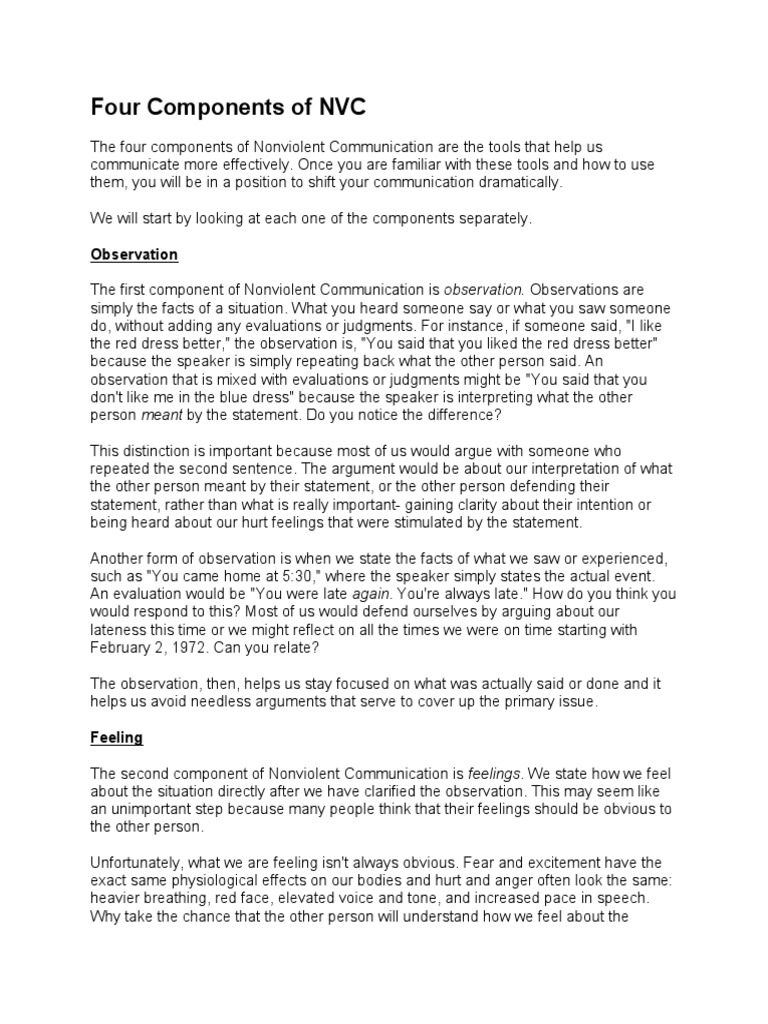 Four Components of NVC: Observation | Download Free PDF | Anger | Feeling