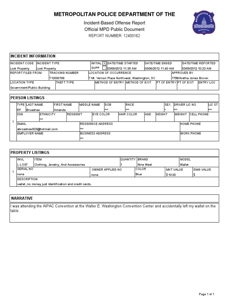 Report-12400162-0 DC MPD POlice Report Over My Stolen ID | PDF | Business