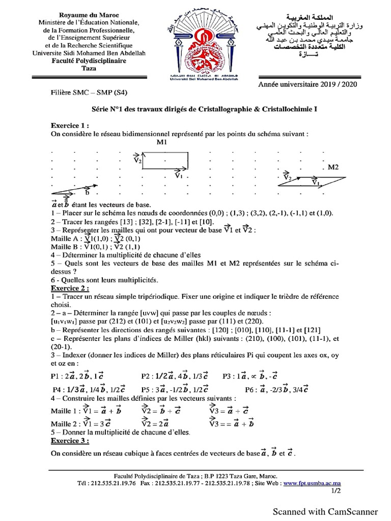 Série N°1 Des TD de Cristallographie Géométrique & Cristallochimie I ...