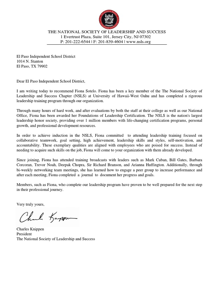 NSLS Leadership Certification Recommendation | PDF