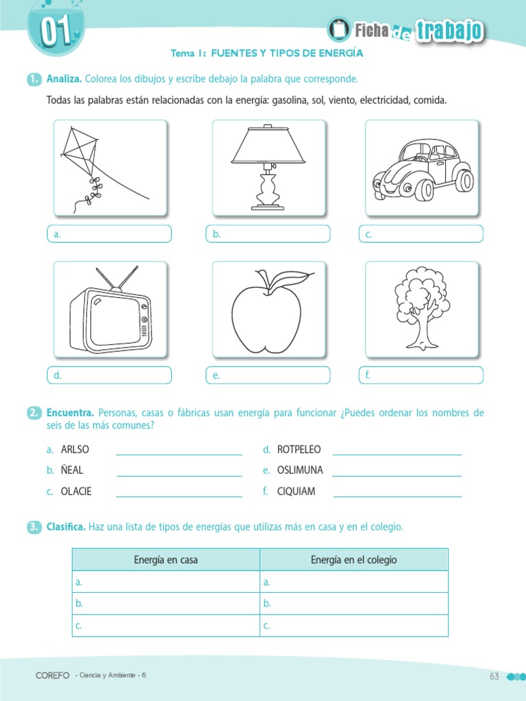 Ficha de Trabajo Fuentes y Tipos de Energía | PDF