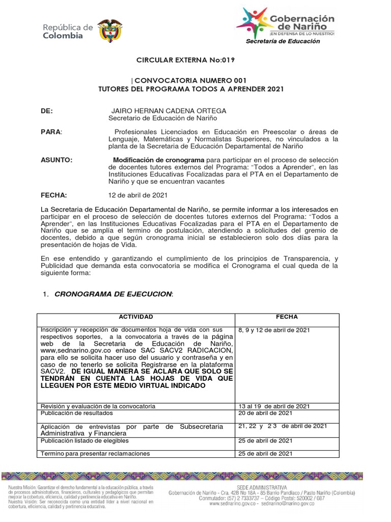 Circular Externa 019 - Mofificacion Cronograma Pta | PDF | Business | Science