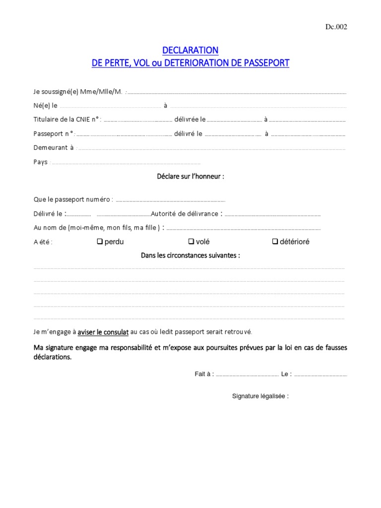 Déclaration de perte de passeport | PDF | Gouvernement et identité