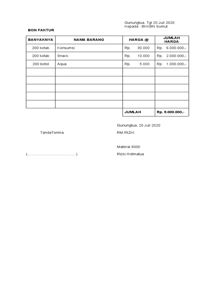 Contoh Bon Faktur Pembelian Barang | PDF