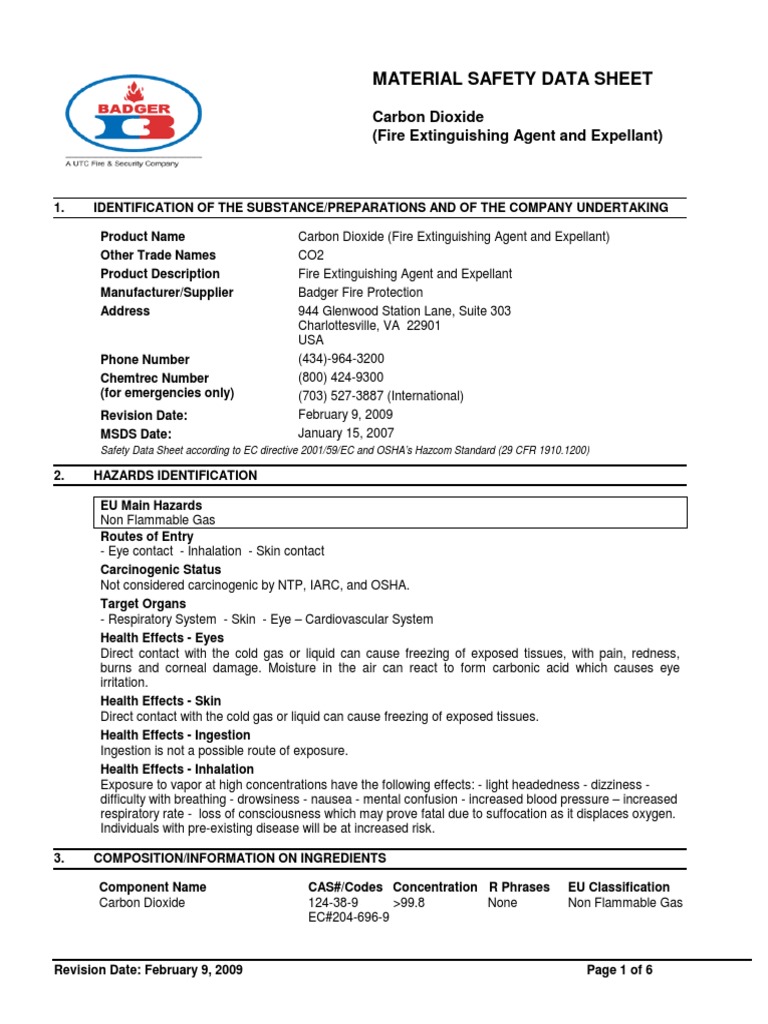 Material Safety Data Sheet: Carbon Dioxide (Fire Extinguishing Agent ...