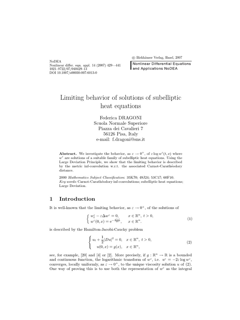 Limiting Behavior of Solutions of Subelliptic Heat Equations - Federica DRAGONI | PDF | Distance ...