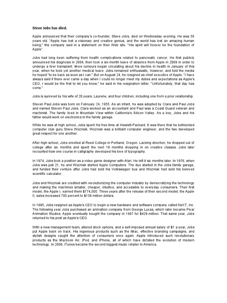 Steve Jobs Reading Comprehension Exercises - 11840 | PDF | Steve Jobs ...