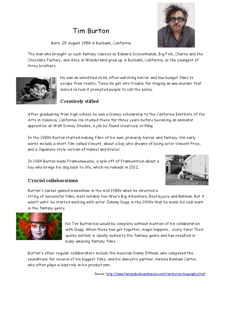 Tim Burtons Biography Reading Comprehension Exercises - 45510 | PDF