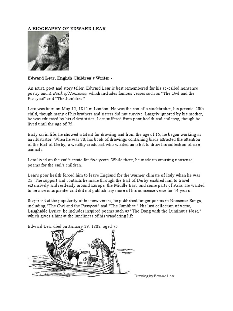 A Biography of Edward Lear Reading Comprehension Exercises - 8258 | PDF ...