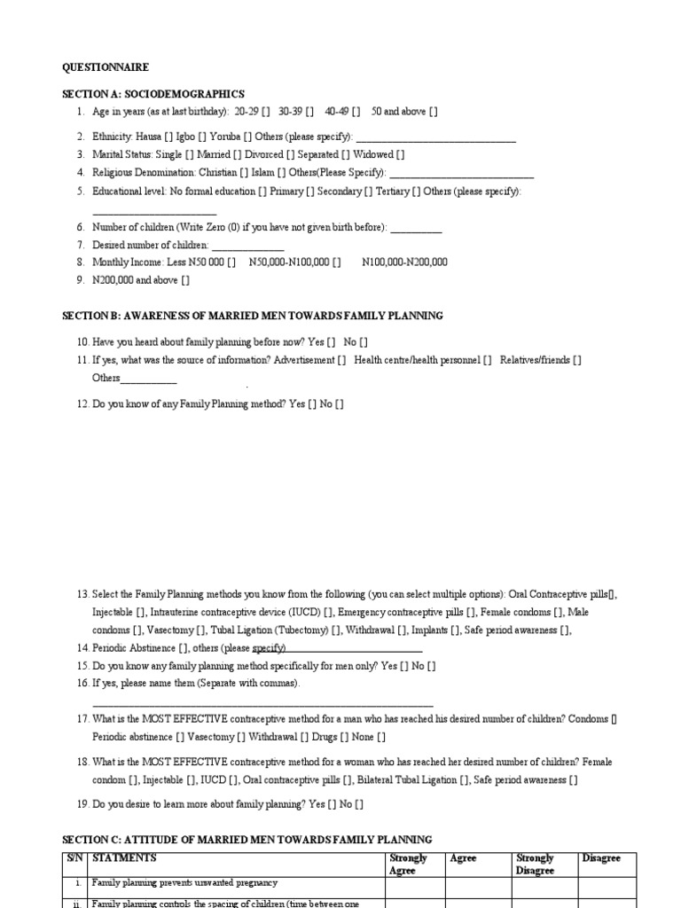 Questionnaire Section A: Sociodemographics | PDF | Family Planning ...