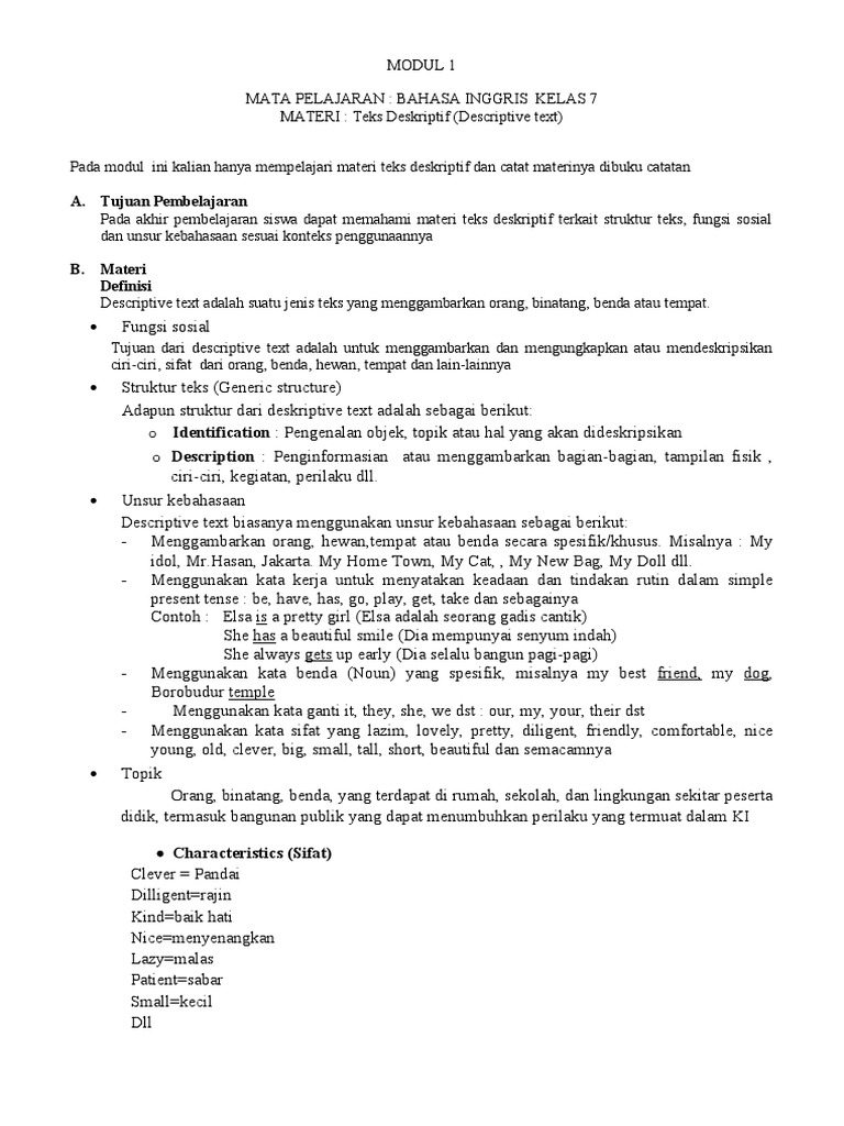 Teks Deskriptif Bahasa Inggris Kelas 7 | PDF | Seni & Disiplin Bahasa