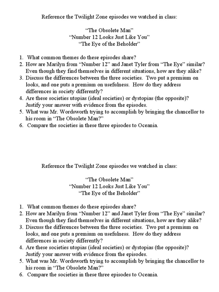 Twilight Zone Dystopia Discussion Questions | PDF