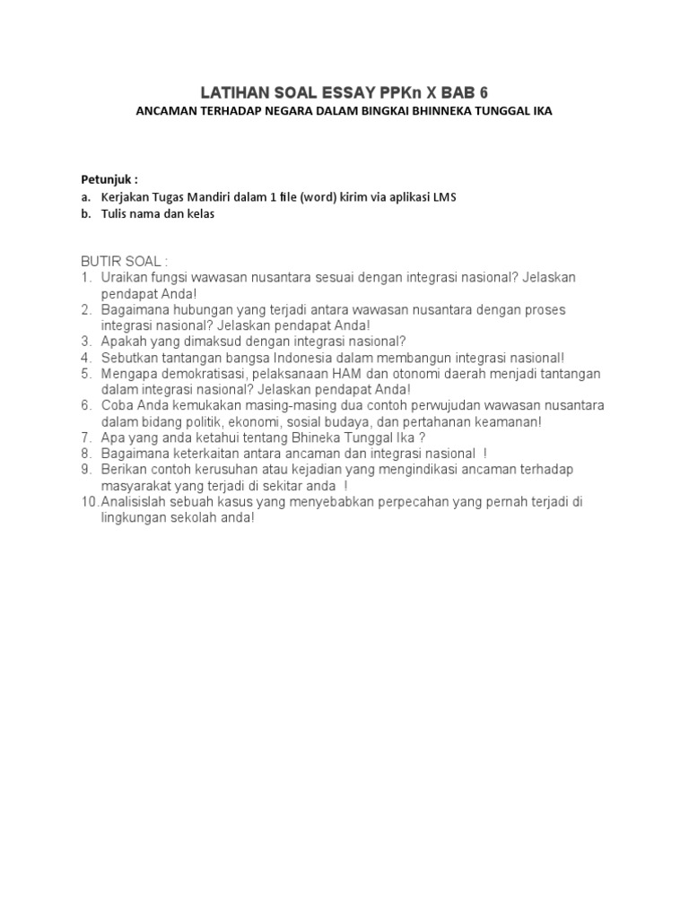 Soal Essay PPKn Kelas 10: Bhineka Tunggal Ika | PDF