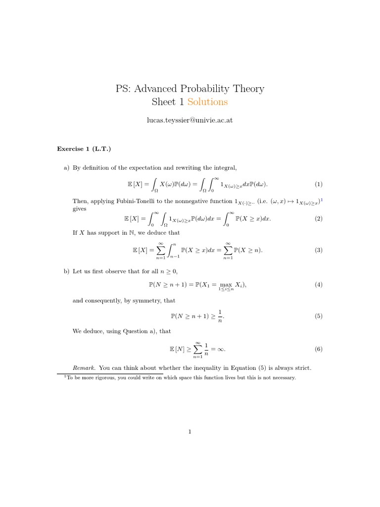 PS: Advanced Probability Theory Sheet 1: Solutions | PDF | Analysis | Measure Theory