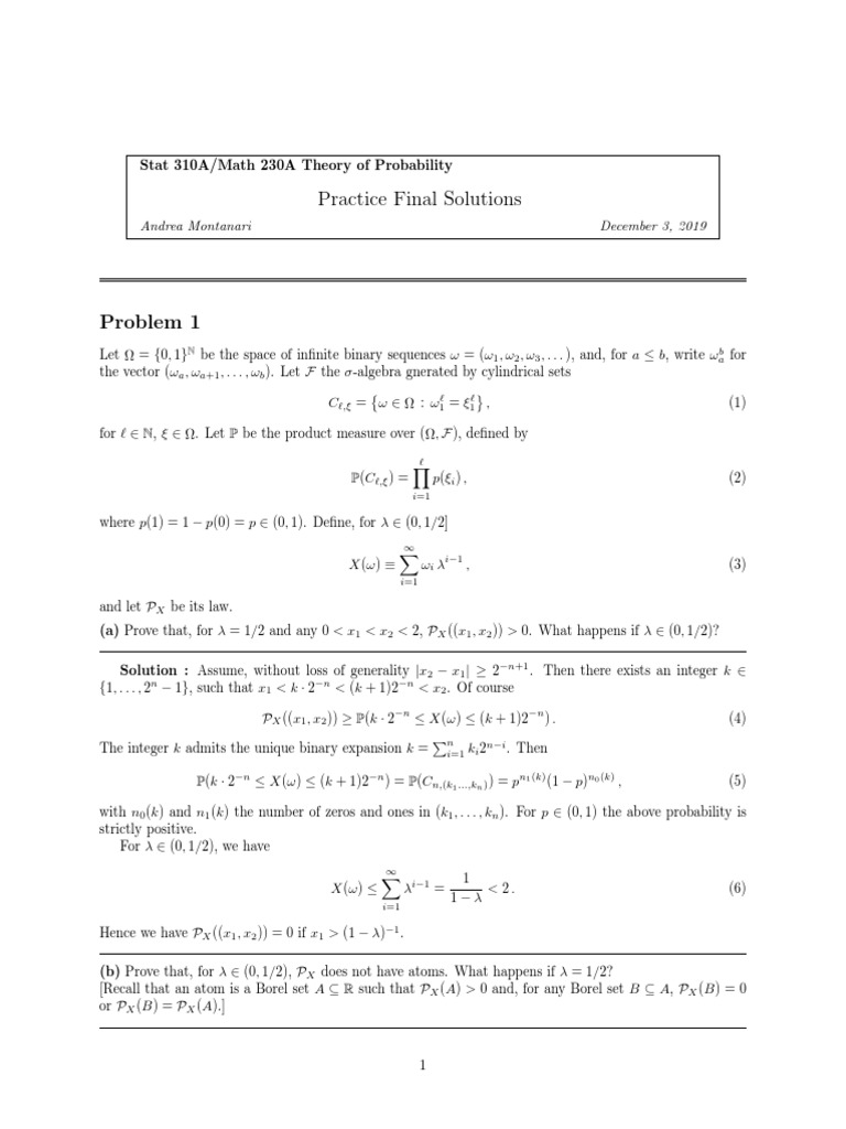Practice Final Solutions: N 1 2 3 B A A A+1 B ' 1 ' 1 | PDF | Measure (Mathematics ...