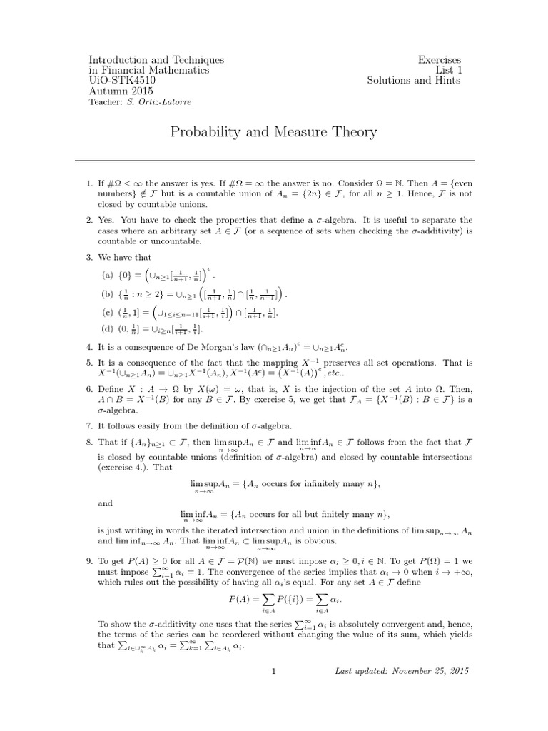 Measure Theory Exercises and Solutions | PDF | Teaching Mathematics ...