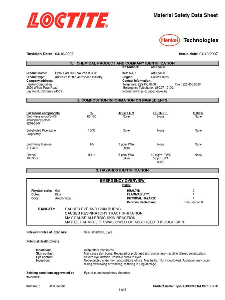 MSDS, Curing Agent, Hysol EA 9309.3 NA | PDF | Personal Protective ...