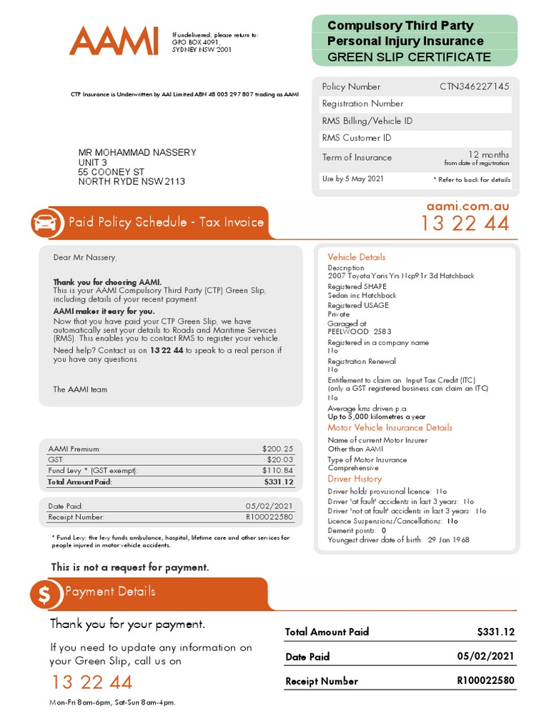 AAMI CTP Green Slip Certificate Details | PDF | Vehicle Insurance ...