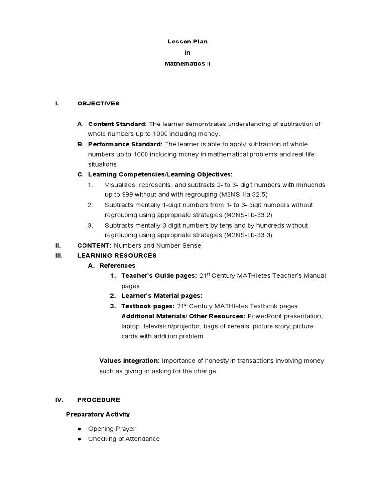 Grade 2 Subtraction Lesson Plan | PDF | Subtraction | Learning