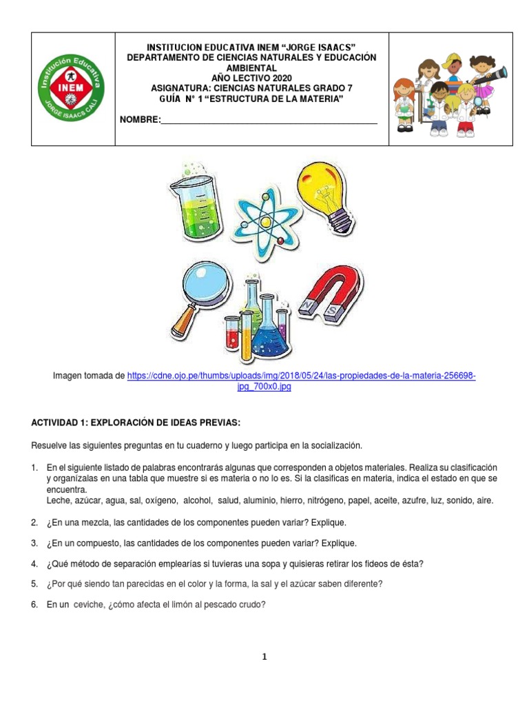 Guia 1 Estructura de La Materia 2020-Ciencias 7 | PDF | Átomos | Núcleo ...