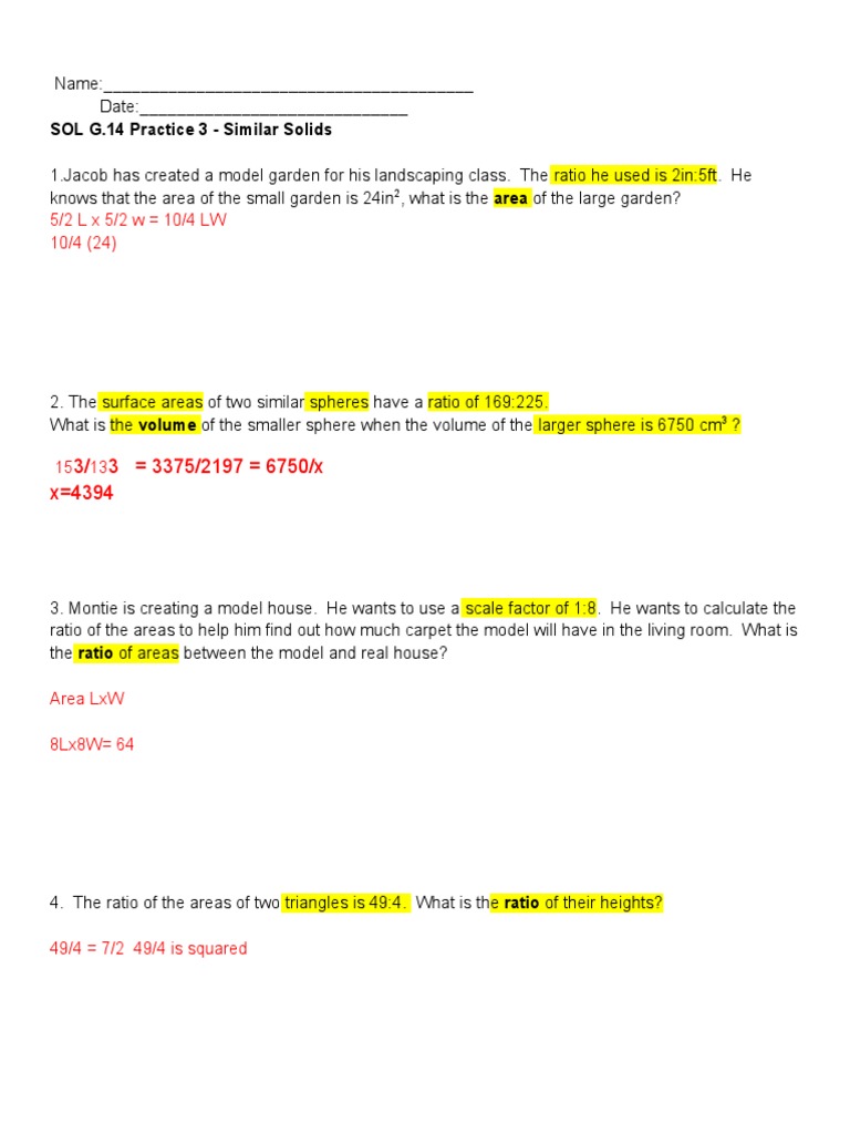 Similar Solids Practice Problems | PDF | Area | Volume