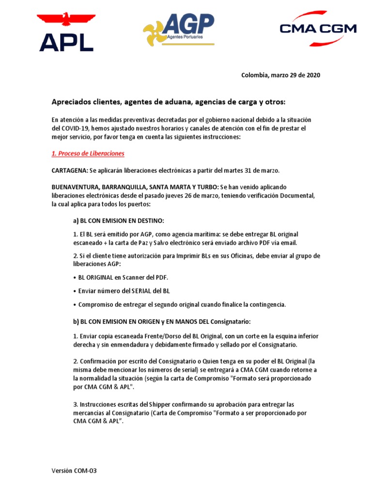Español - Comunicado Contingencia 30 Word 03042020 CMA CGM | PDF | Business