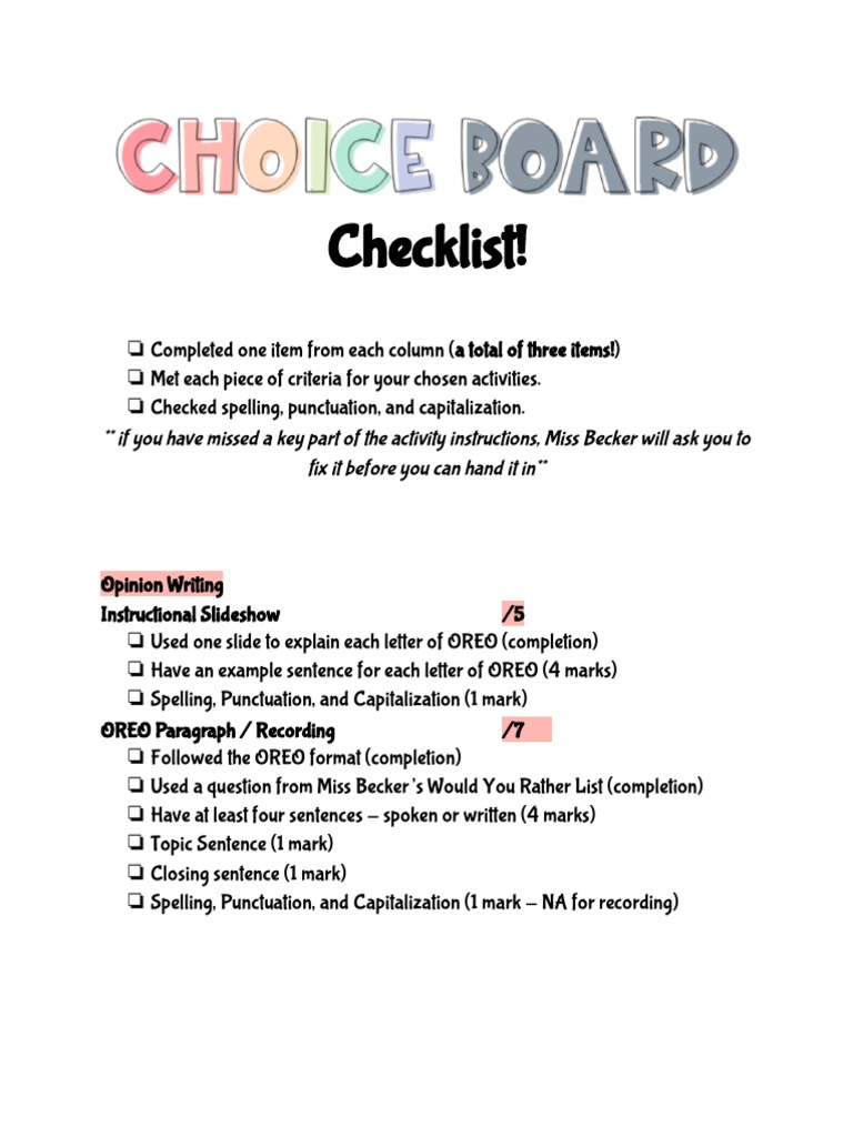 Choice Board Checklist | PDF | Paragraph | Punctuation