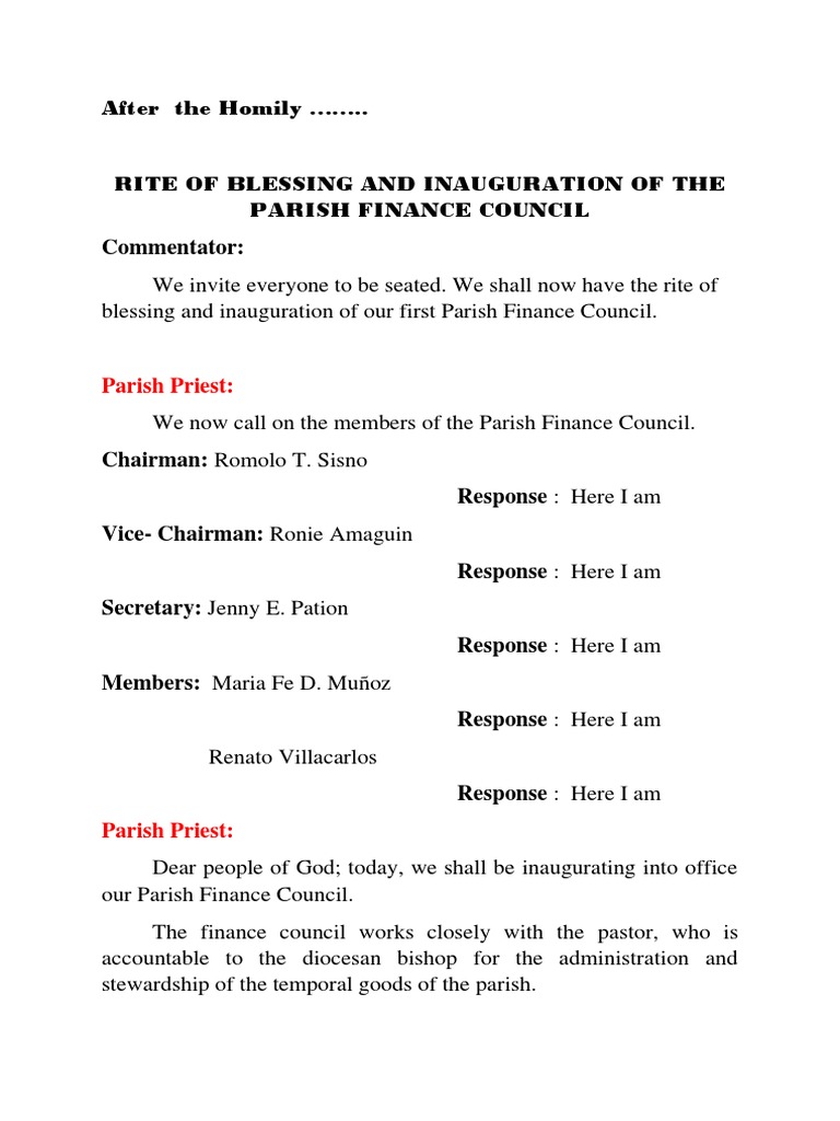 Rite of Blessing and Inauguration of The Parish Finance Council | PDF