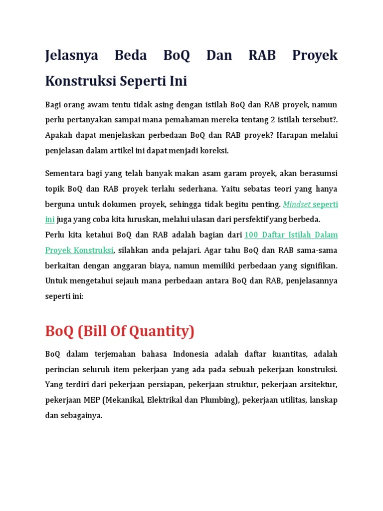 Jelasnya Beda BoQ Dan RAB Proyek Konstruksi Seperti Ini | PDF