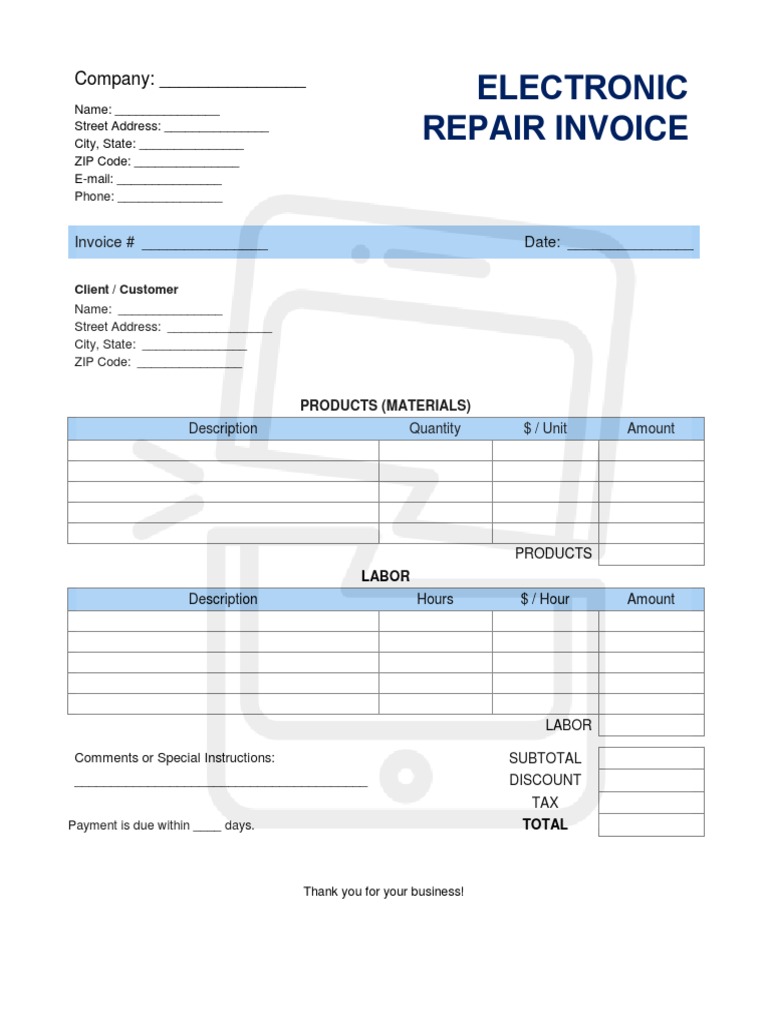 Electronic Repair Invoice Template | PDF