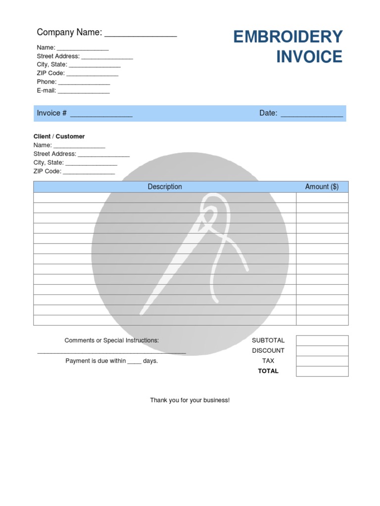 Embroidery Invoice Template | PDF