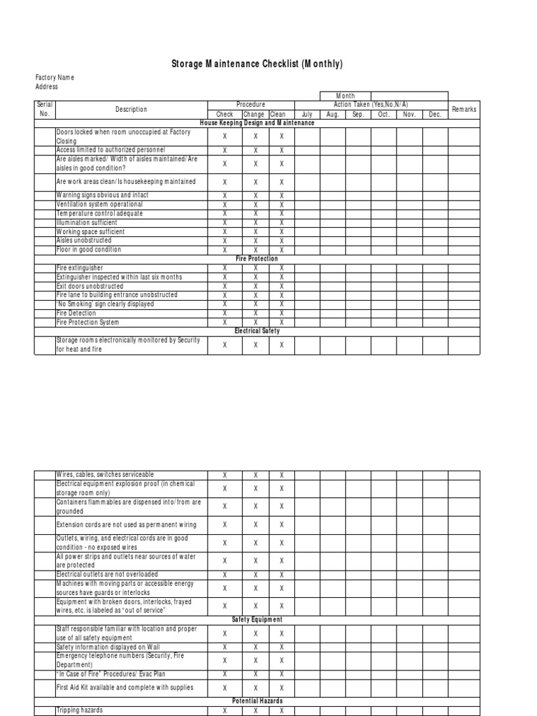 Storage Maintenance Checklist (Monthly) : House Keeping Design and ...