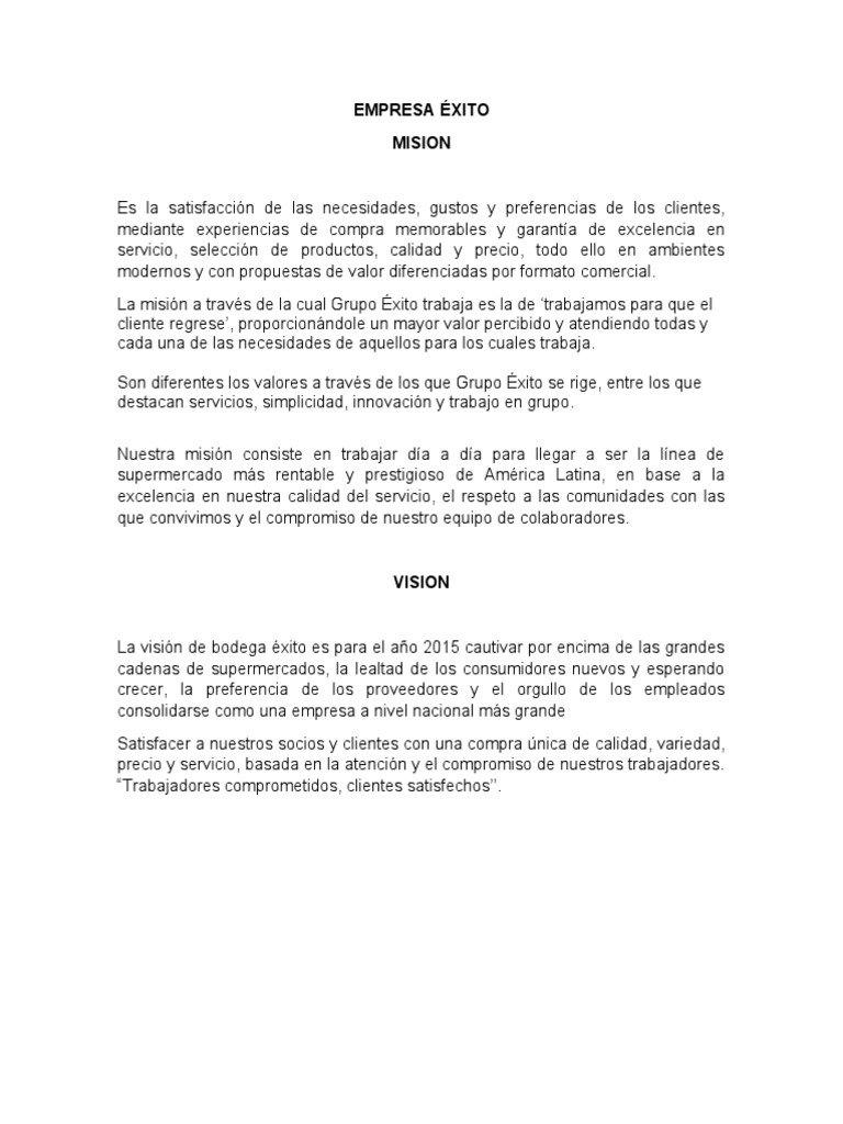 Mision y Vision de Empresa Éxito | PDF