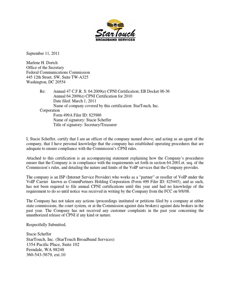 2010 - Compliance Letter CPNI | PDF | Password | Voice Over Ip