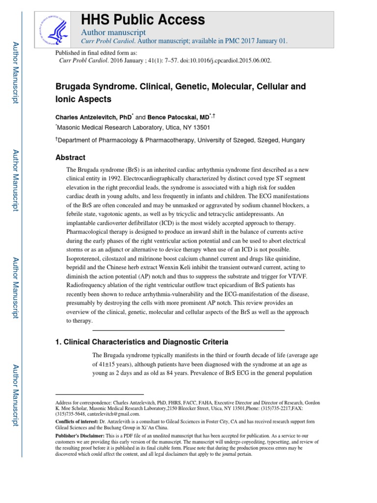 Brugada Syndrome Clinical, Genetic, Molecular, Cellular, and Ionic ...
