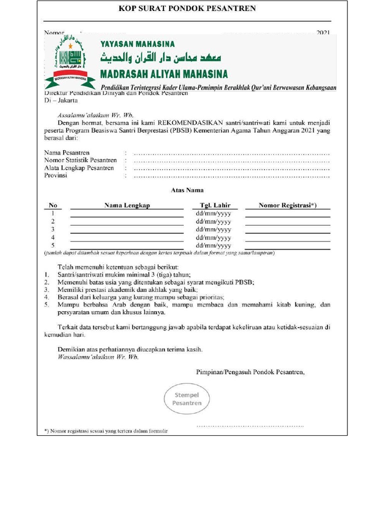 Format Surat Rekomendasi Dari Pondok Pesantren Untuk Santri | PDF
