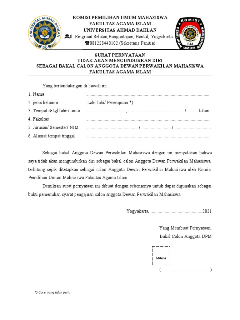 Surat Pernyataan DPM | PDF