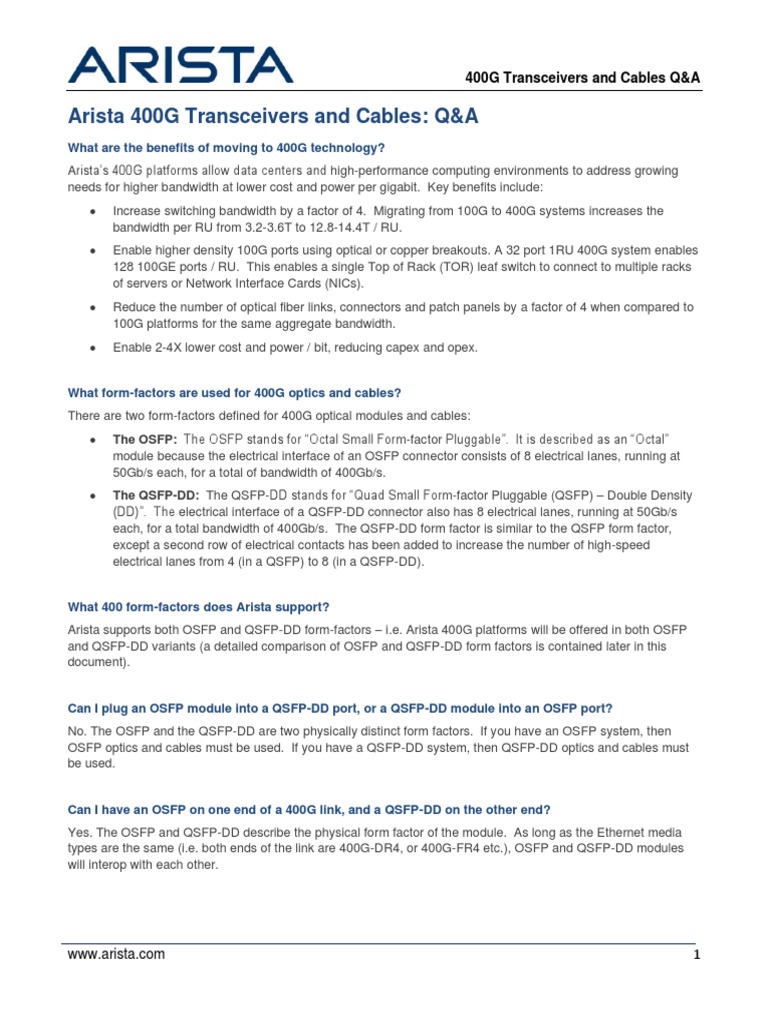 Arista-400G Optics FAQ | PDF | Data Transmission | Telecommunications ...