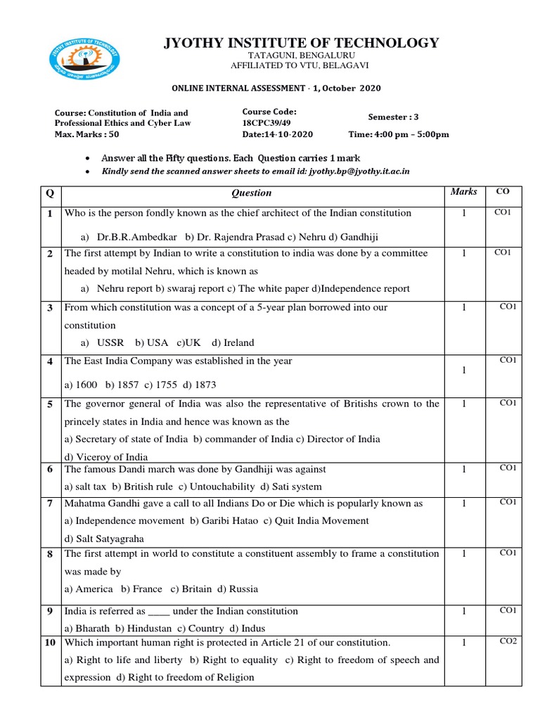 Jyothy Institute of Technology: Answer All The Fifty Questions. Each ...