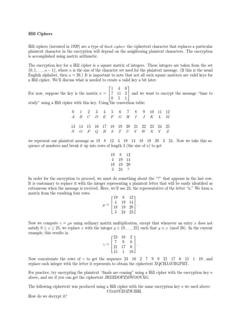 Hill Cipher | PDF | Cryptography | Encryption