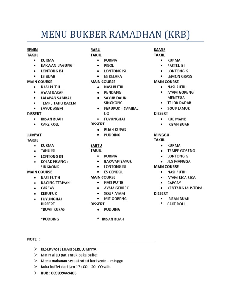 Menu Bukber Ramadhan KRB | PDF