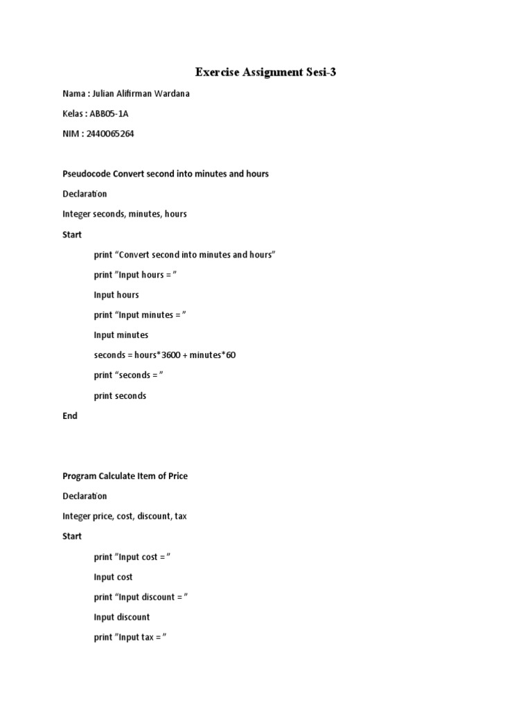 Exercise Assignment Sesi-3: Pseudocode Convert Second Into Minutes and ...