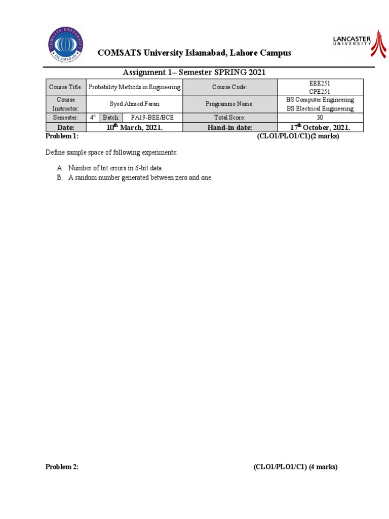 COMSATS University Islamabad, Lahore Campus: Assignment 1 - Semester ...