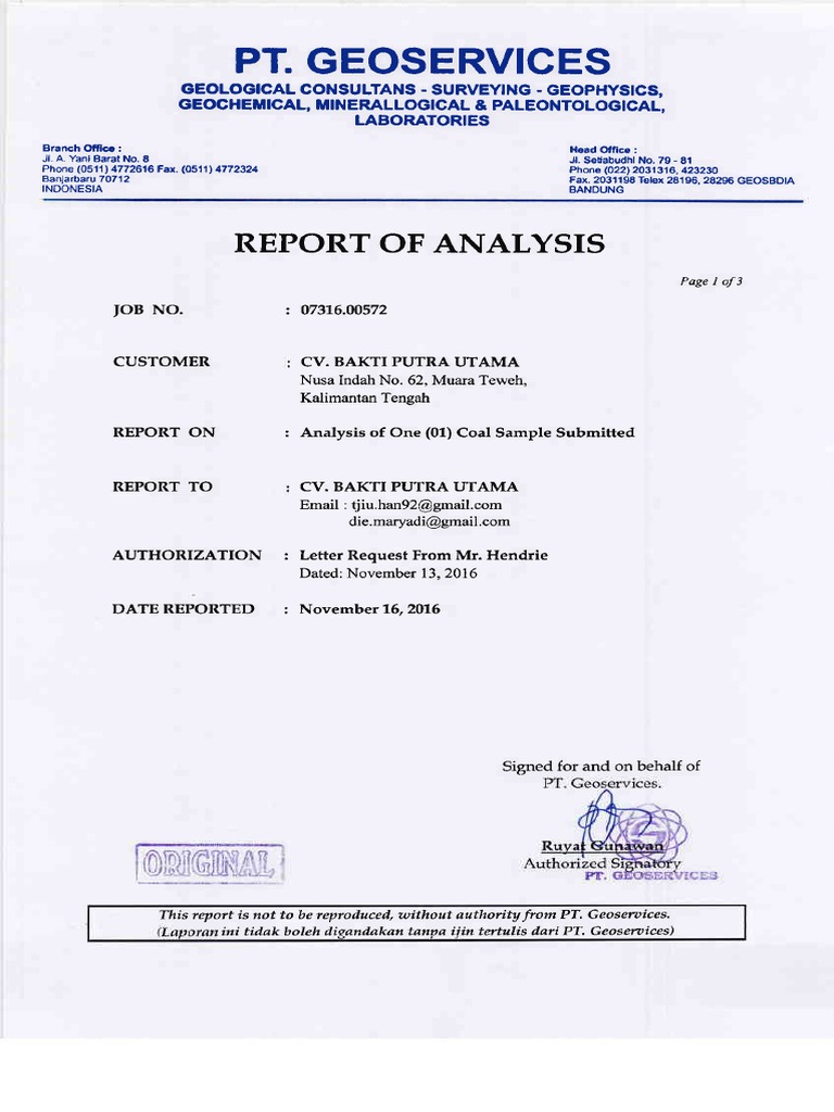PT Geoservices Coal Analysis Report | PDF | Nature