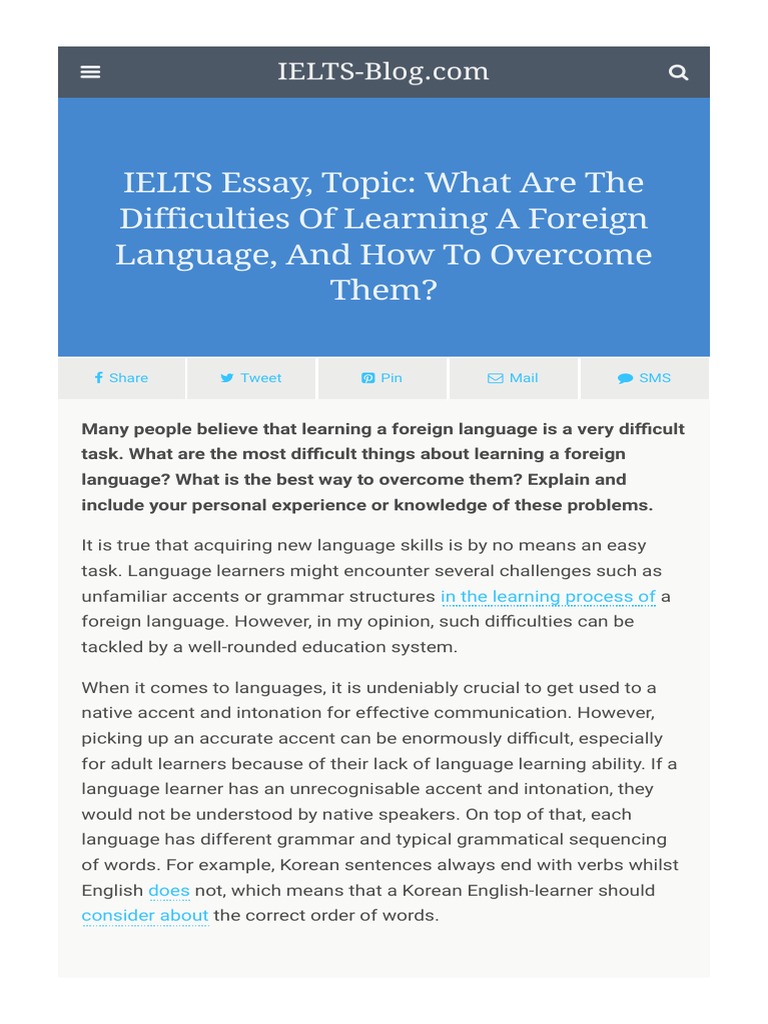 IELTS Band 8 Essay Topic What Are The Difficulties of Learning A ...