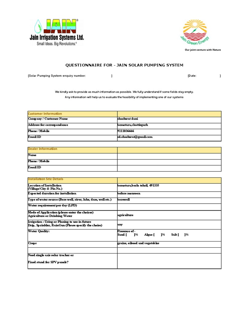 Questionnaire For Solar Pump | PDF | Pipe (Fluid Conveyance) | Water ...