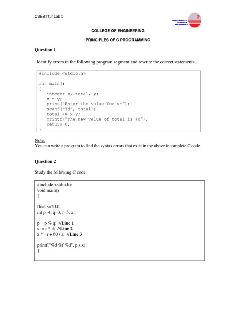 CSEB113/ Lab 3: College of Engineering Principles of C Programming ...