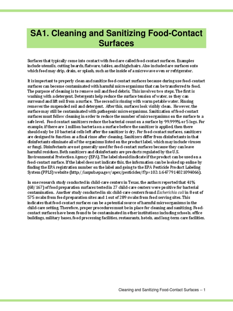 Cleaning and Sanitzing Food Contact Surfaces | PDF | Disinfectant ...